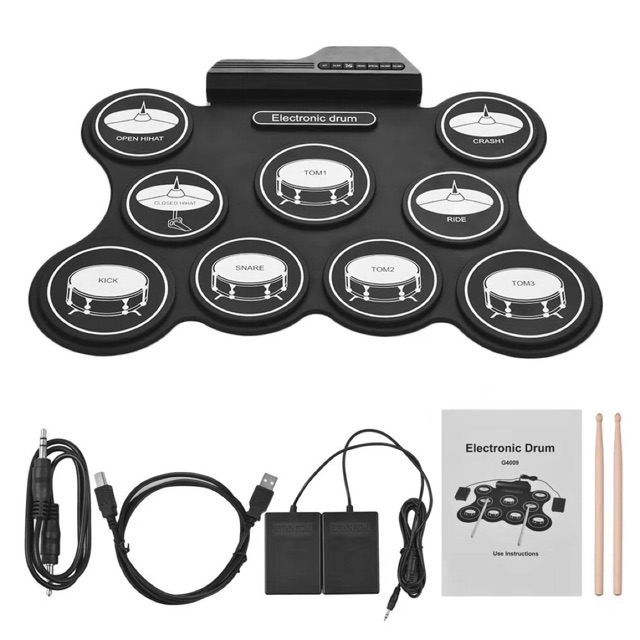 Portable USB Drum Kit Digital Drum Set 9 Silicon Drum Pads with ...