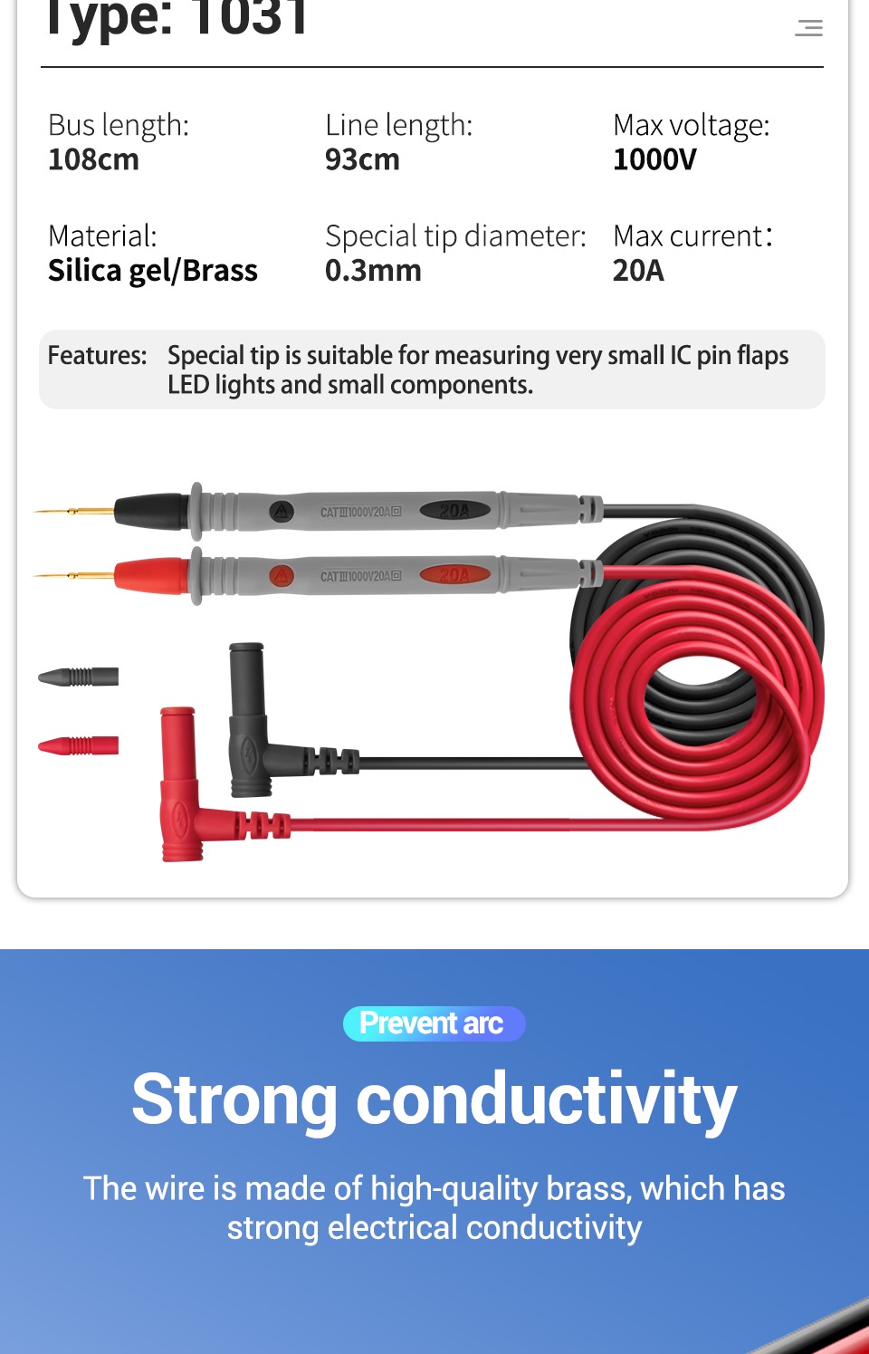 20A Gold-plated Special Tip Digital Multimeter Test Lead 1000V Slicon ...