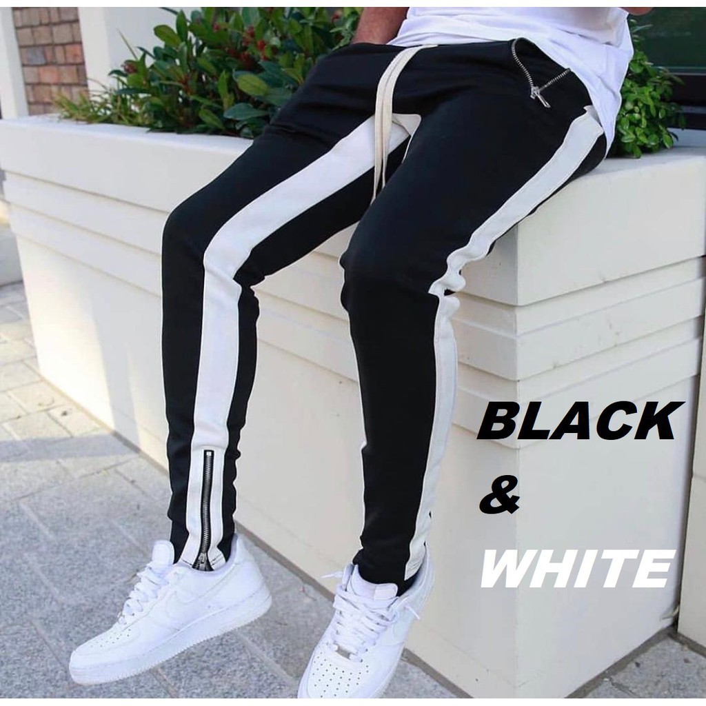HITAM Jogger PANTS HYPEBEAST SWEATPANTS TRACKPANTS HYPE STREETWEAR BLACK WHITE ZIPPER DOUBLE ...