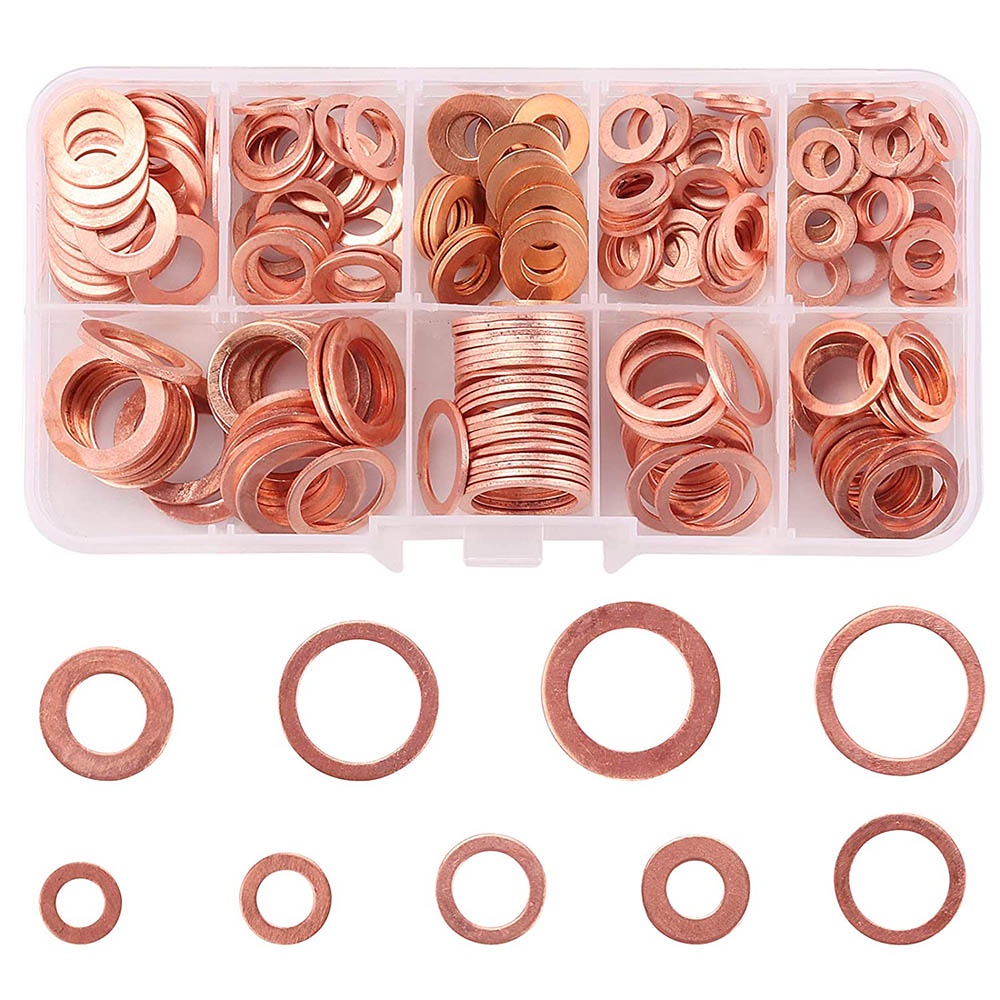 200Pcs Copper Washer Gasket Nut and Bolt Set Flat Ring Seal Assortment ...