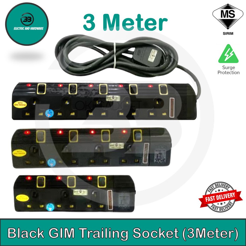 Sirim Gim 3 4 5 Way 3mtr Surge Protector Sleek Black Portable Extension Trailing Socket Trailing