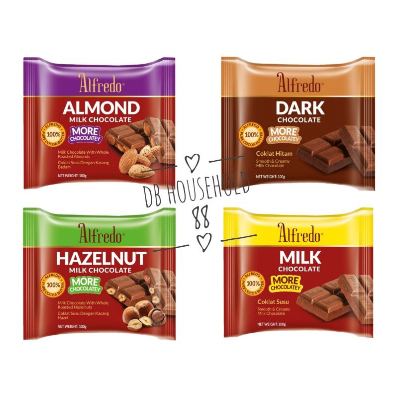 [Alfredo] Bar Chocolate (Milk/Hazelnut/Dark/Almond) 100g | Shopee Malaysia