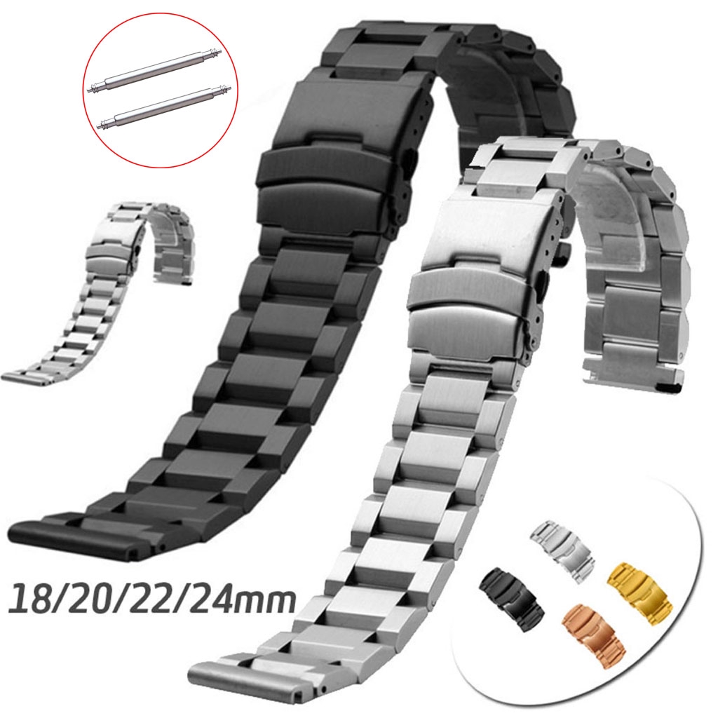 Solid Stainless Steel Watch Band 18mm 20mm 22mm 24mm Safe Double Lock ...