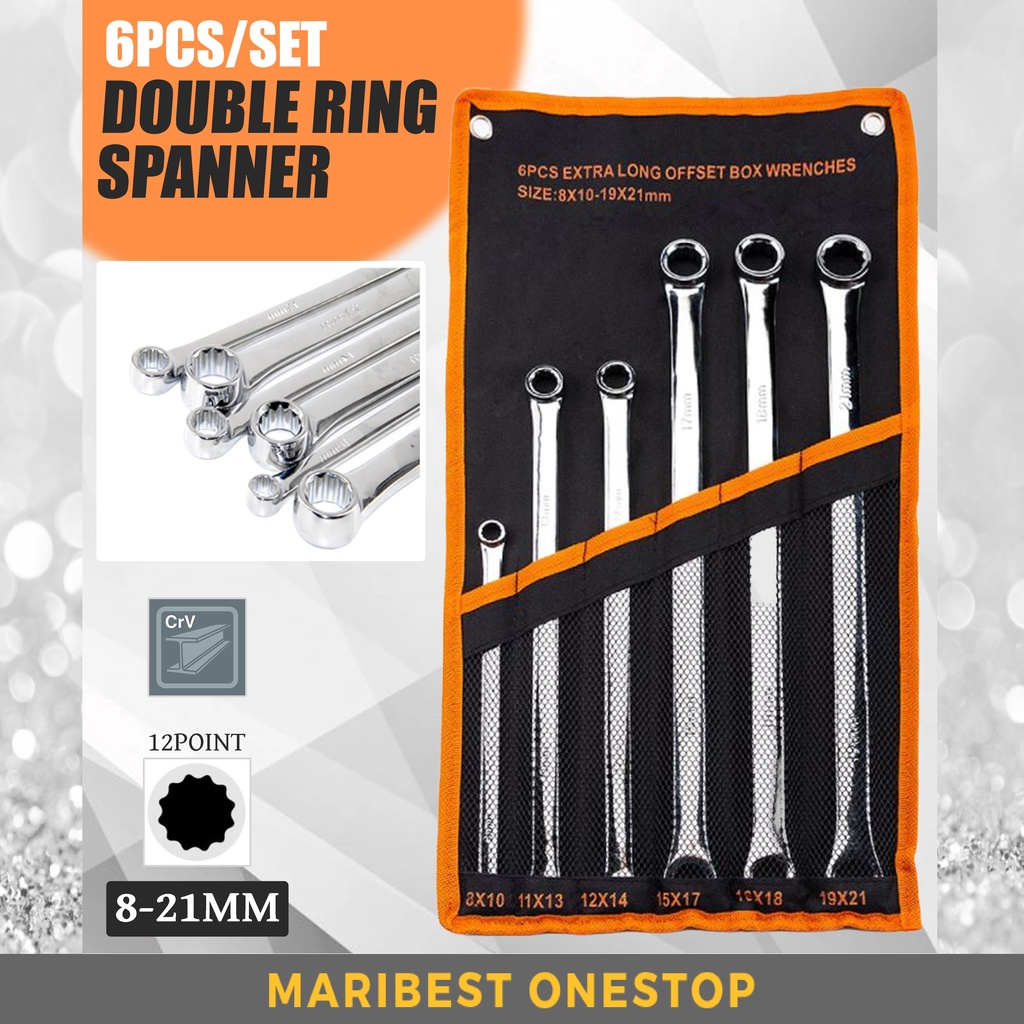 6PCS SET EXTRA LONG STRAIGHT DOUBLE RING SPANNER 8-21MM Point Double Ring Box End Spanner ...