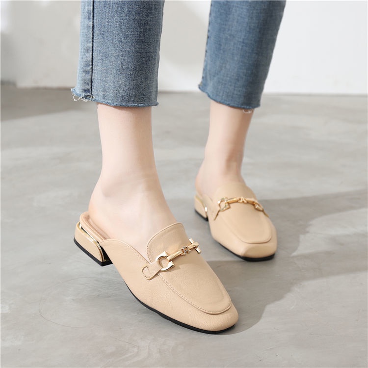 New All-Matching Semi Slippers Shoes Mid Heel Toe Box Half Slippers ...