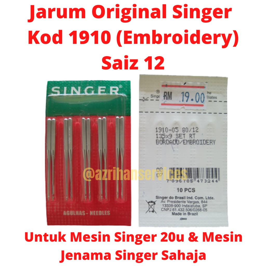 Jarum 1910 Saiz 12 Original Singer 20u Sulam / Embroidery Needle 1910 ...