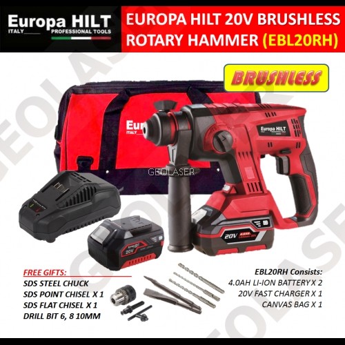EUROPA HILT 20V BRUSHLESS 3-FUNCTION ROTARY HAMMER 4.0AH BATTERY AND ACCESSORIES EBL20RH ...