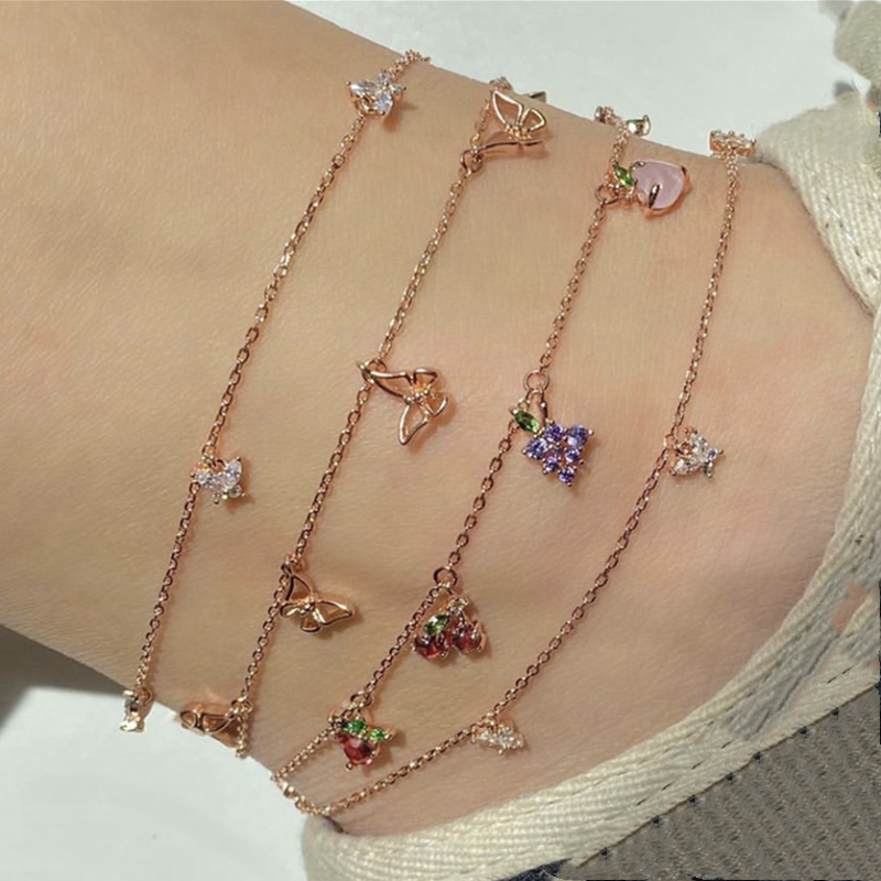 4 Pcs/Set Sweet Gold Color Chain Crystal Butterfly Fruit Anklets Set ...
