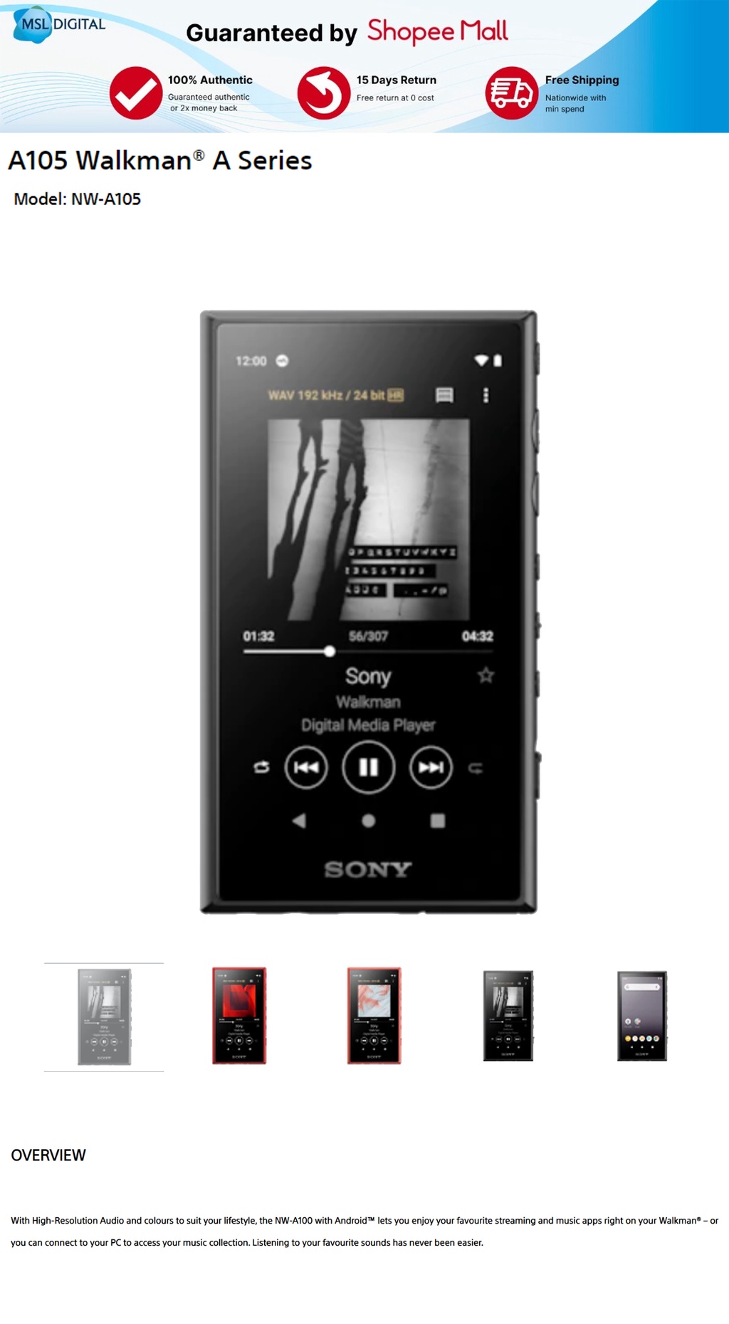 Sony NW-A105 NWA105 A105 Hi-Res Portable Digital Music Player Android 9 ...