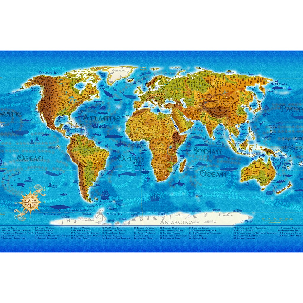 Extra Large Map of The World Printed on FABRIC. Designer detailed art ...