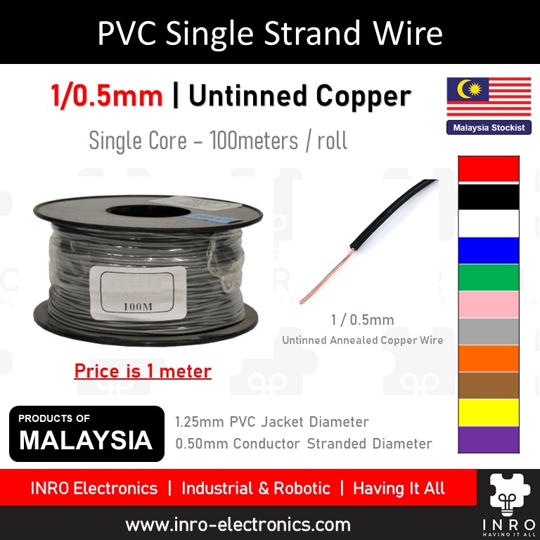 [1m] [5m] PVC Single Conductor Single Core Wire, Untinned, 1/0.5mm, 1/0 ...