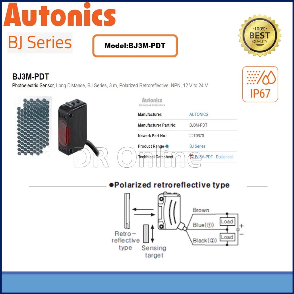 Autonics Photoelectric Sensor BJ3M-PDT RETROREFLEC POLAR ~ 3M ~ T/O 12-24VDC NPN ~ BJ3M-PDT ...