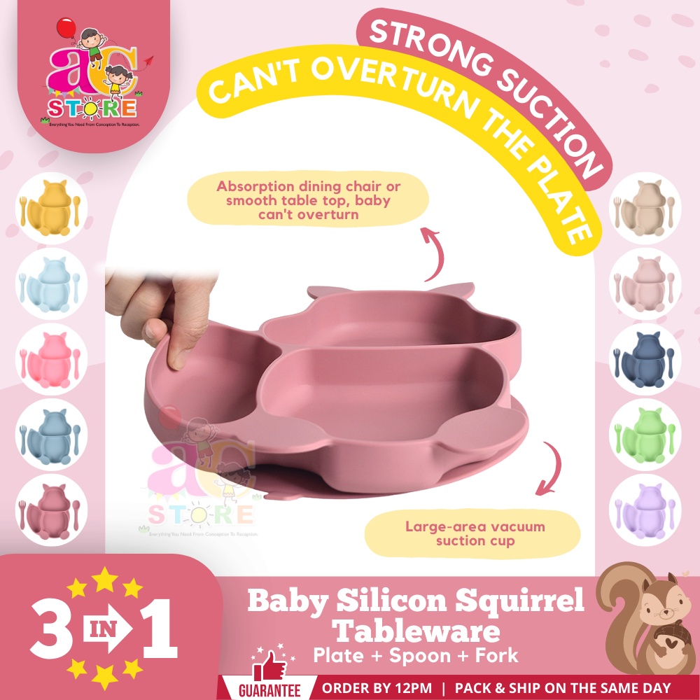 AC-3pcs/Set Baby Feeding Suction Silicone Plate Spoon & Folk Set ...