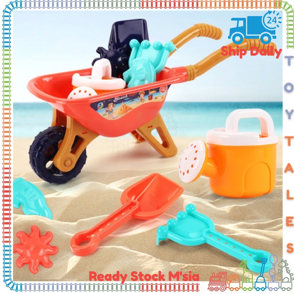 Beach Wheelbarrow Toy with Watering Can Rake Shovel Mould Sand Castle ...
