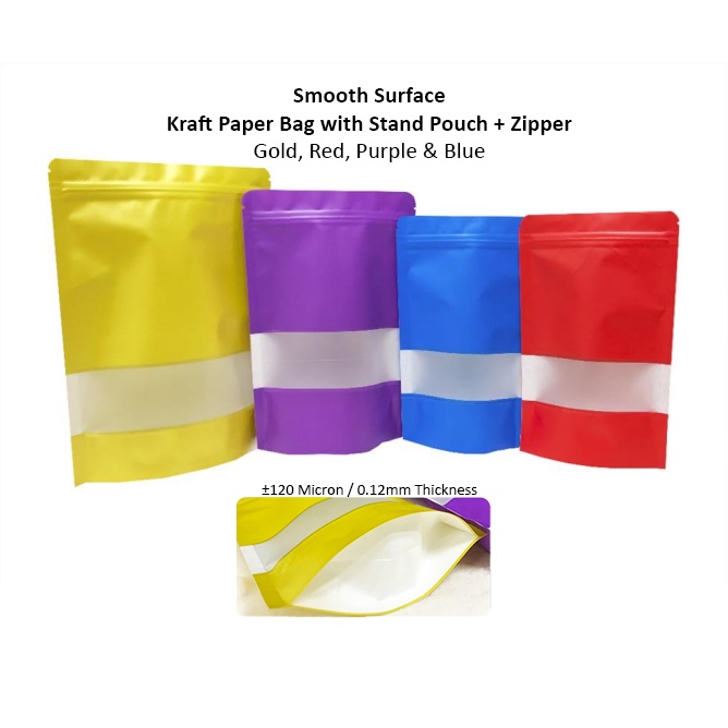 50 Pcs Kraft Paper Bag Stand Pouch Zip Lock With Display Window