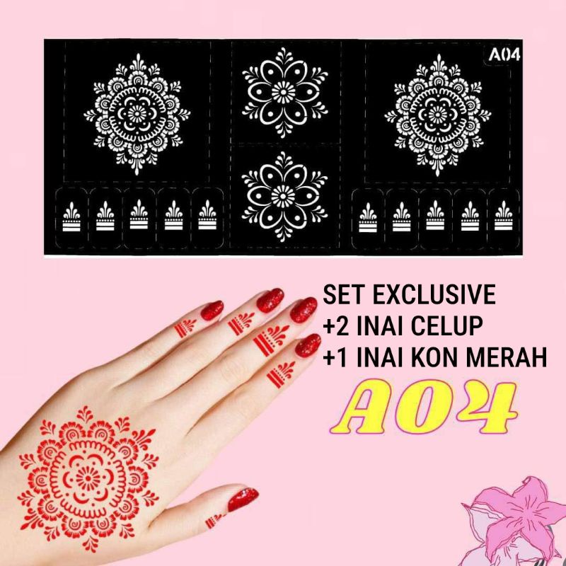 Stiker Inai Set Combo 4 In 1(set lengkap 1 set stiker 2inai celup 1inai ...