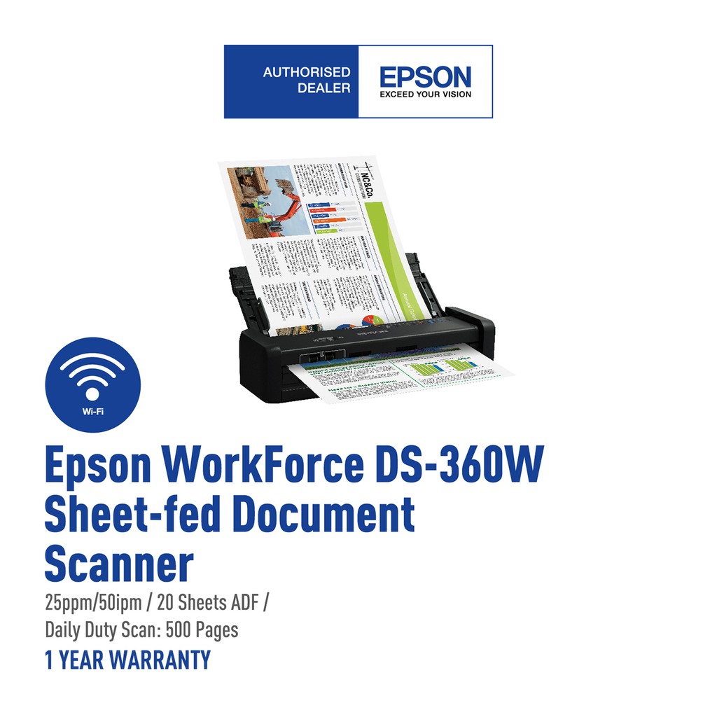 Epson WorkForce DS-360W Wi-Fi Portable Sheet-fed Document Scanner ...