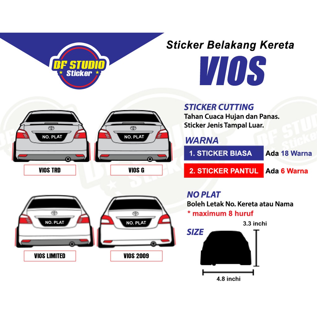 Sticker Belakang Kereta Toyota Vios, 1 Pcs, Boleh Tukar Warna Dan No ...
