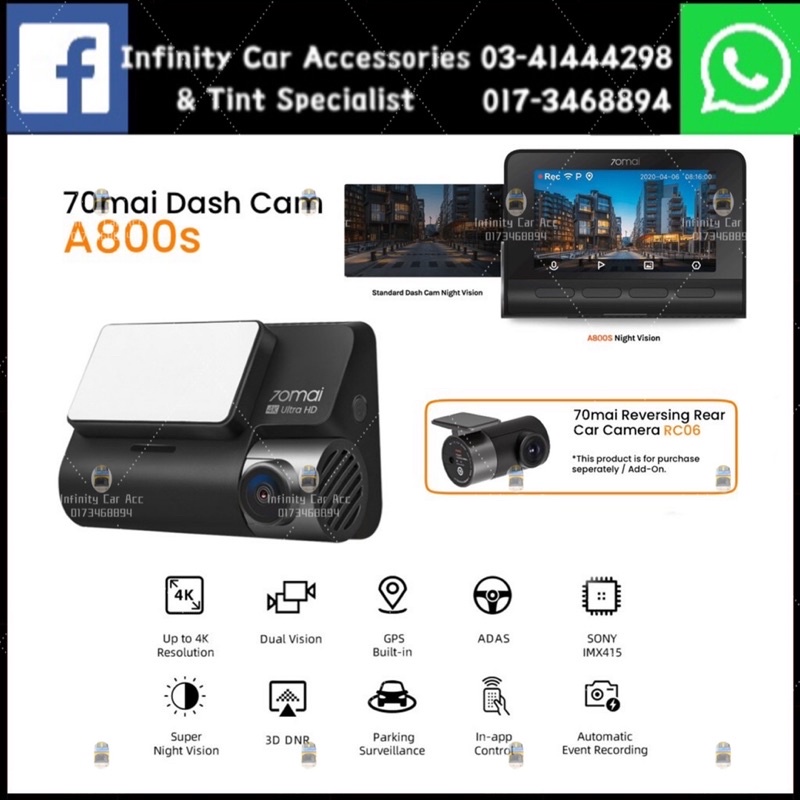 70mai A800S 4K Dash Cam Rear Cam Dual Vision Global Version A800 Adas ...