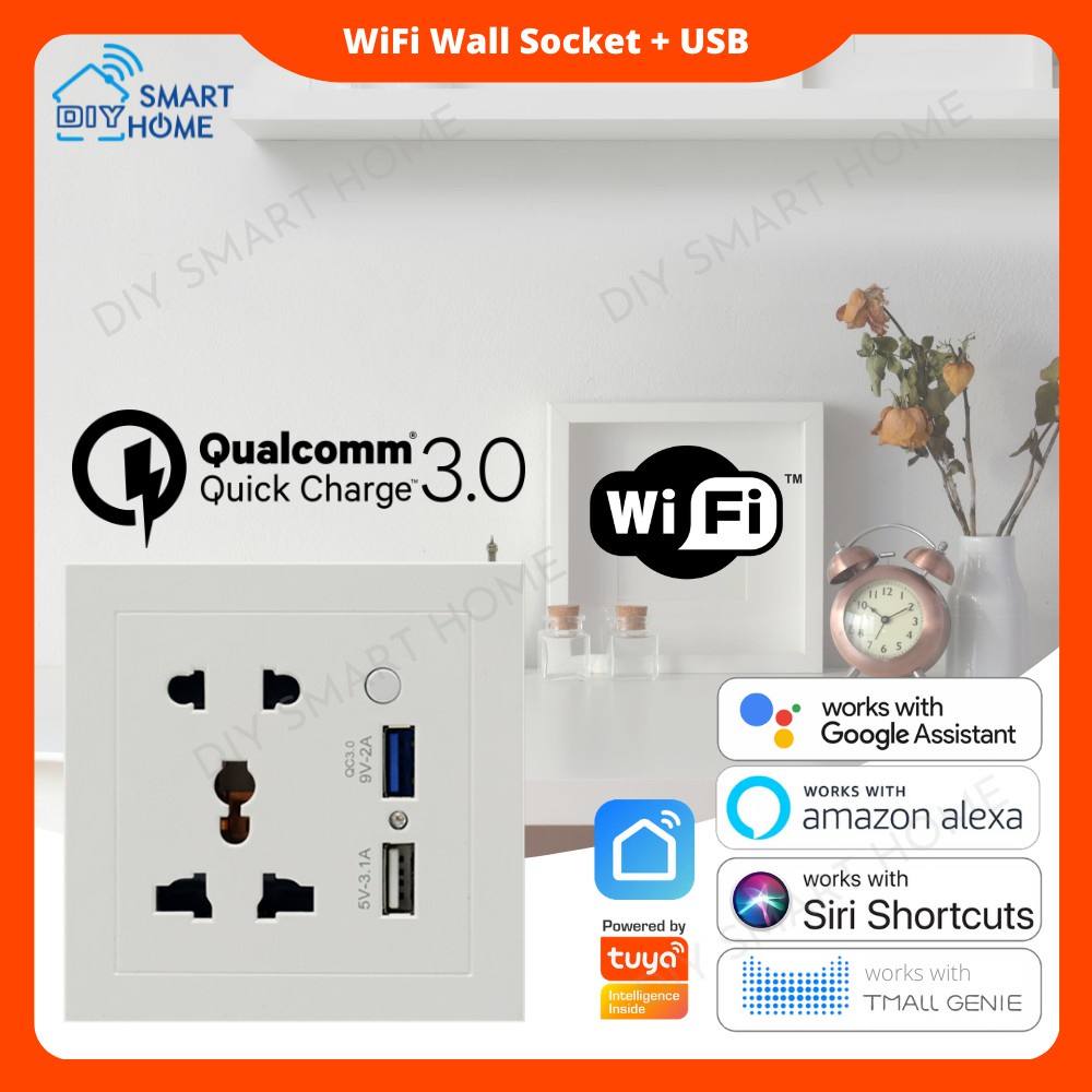 Extension Plug Soket Tuya Wifi Wall Switch Socket Outlet Universal With 2usb 5v 9v Works With