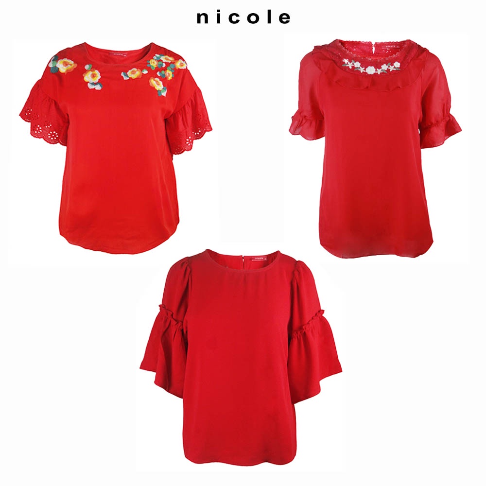 nicole Red Embroidered Blouses / Round Neckline Puff Sleeve Blouse ...