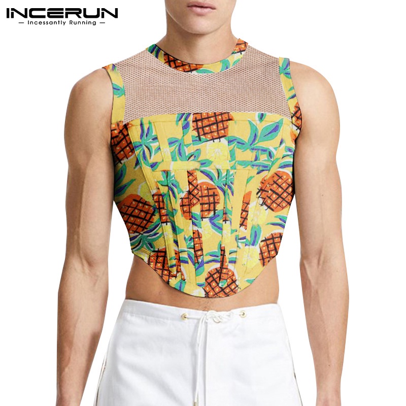 INCERUN Men Summer Casual Floral Sleeveless Mesh See Through Bare ...