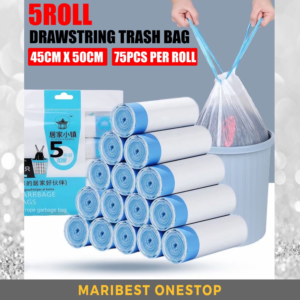 5 ROLL DRAWSTRING TRASH BAG Tie On Garbage Bag Dustbin Bag with Rope ...