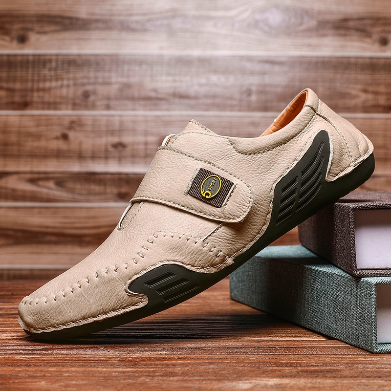 lazy shoes casual shoes Korean Men's Elastic band leather shoes genuine ...