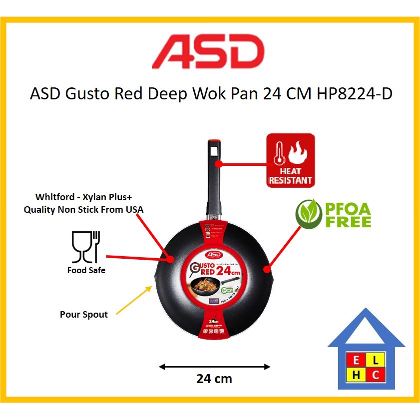 ASD Gusto Red Deep Wok Pan Non Stick 22cm/24cm/26cm HP8222D HP8224D ...