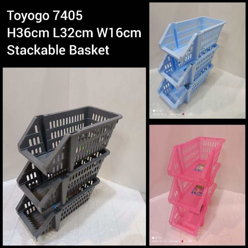3 Layers Grey/ Blue/Pink Toyogo 7405 Slim Stackable Open Pull Basket kitchen storage organizer ...