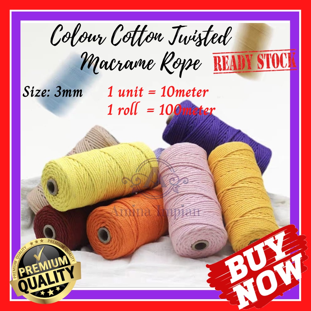 3mm Colour Macrame Rope Natural Cotton Twisted Cord Artisan Hand Craft ...