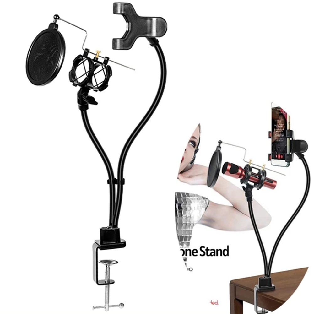 Microphone Stand 2-In-1 Mic Smartphone Clip Holder Desktop Mic Flexible ...