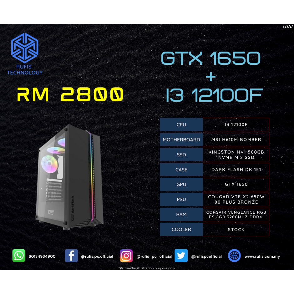 RUFIS Custom Gaming PC Package (INTEL I3-12100F / GTX 1650 / 8 GB RAM ...