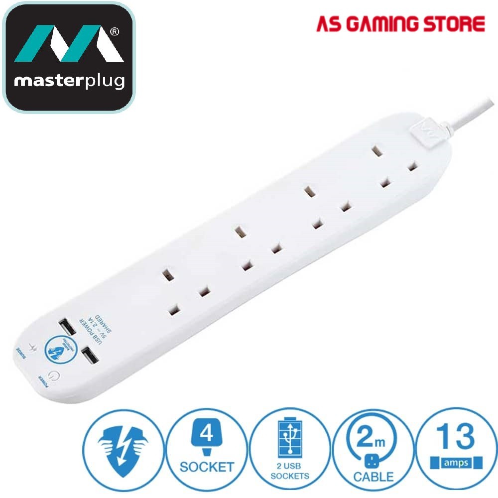 Masterplug Surge Protector 4 Gang 2 USB (2.1A) 2 Meter Extension Lead ...