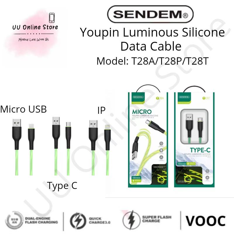 SENDEM 5A Youpin Luminous Silicone Micro Usb/Type-C/IP Cable (1 Meter ...