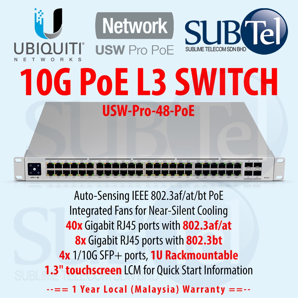 Ubiquiti USW-Pro-48-PoE 10G POE Switch 48 ports RJ45 Layer-3 1U Rackmount PoE+ 802.3bt PoE++ ...