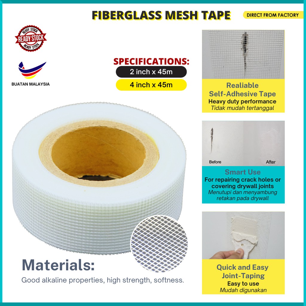 Fiberglass Mesh Tape 2"/4" x 45m (L) Self Adhesive Tape Adhesive Tape ...