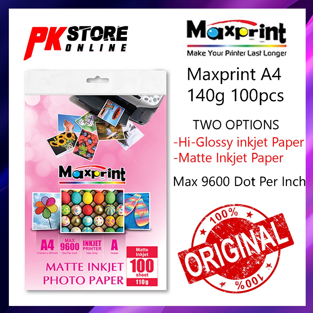 ORIGINAL MAXPRINT Hi-GLOSSY / MATTE INKJET A4 PAPER 140g 100SHEET ...