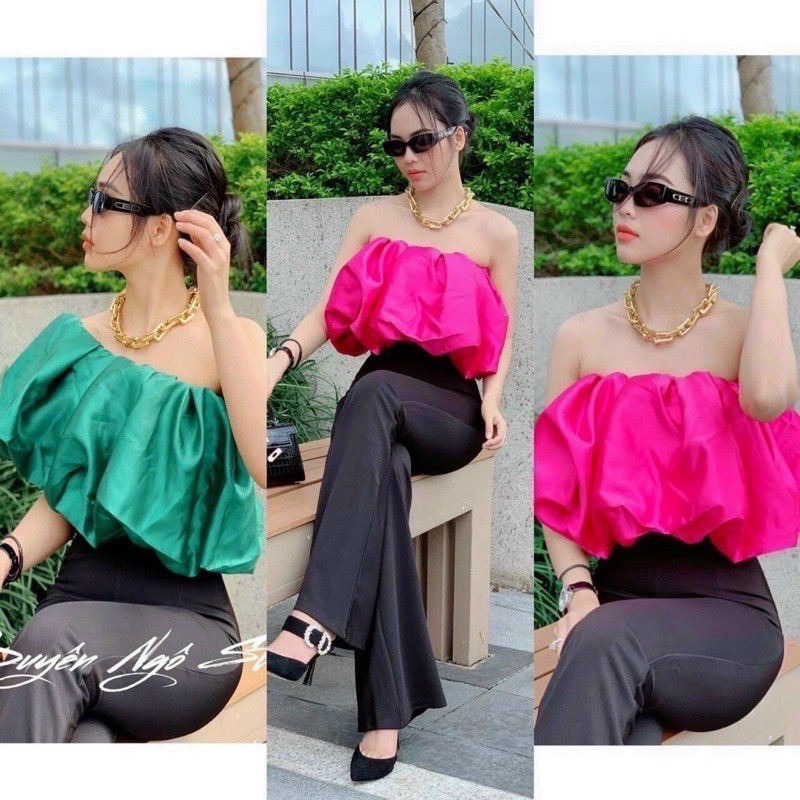 Women's thick 2-layer crop top with flat shoulders and puffed sleeves ...