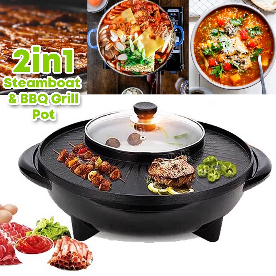 2 in 1 Electric Korean BBQ Grill Steamboat Hot Pot Frying Pan Cooking ...