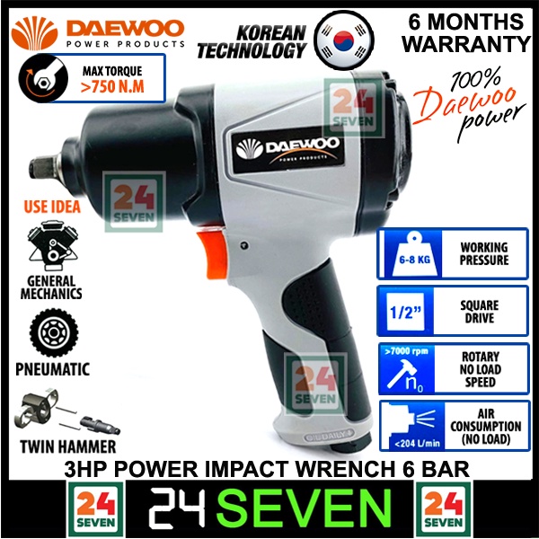 AIR IMPACT WRENCH Daewoo 1/2" Air Impact Wrench Twin Hammer 750Nm Heavy Duty pneumatic air ...