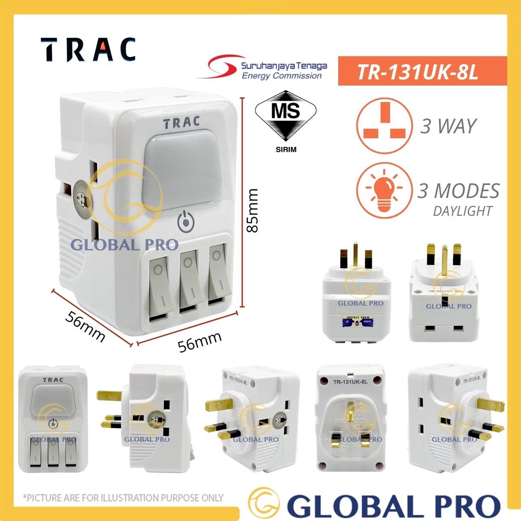 [ 2 IN 1 ] TRAC Multi 3 Way Adaptor With Night Light Fused Plug 3 ...