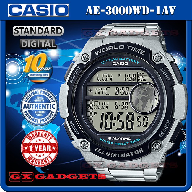 CASIO AE-3000WD-1AV STANDARD DIGITAL WATCH BIG CASE WORLD MAP TIME ...