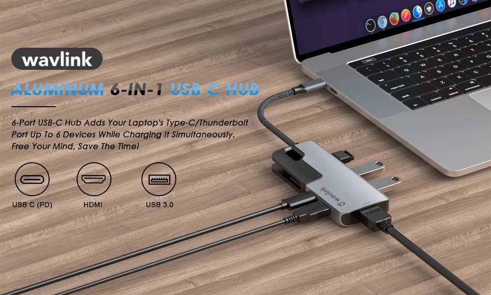Wavlink USB C Hub, PD 6-in-1 USB C Adapter, with 87W Laptop Power ...