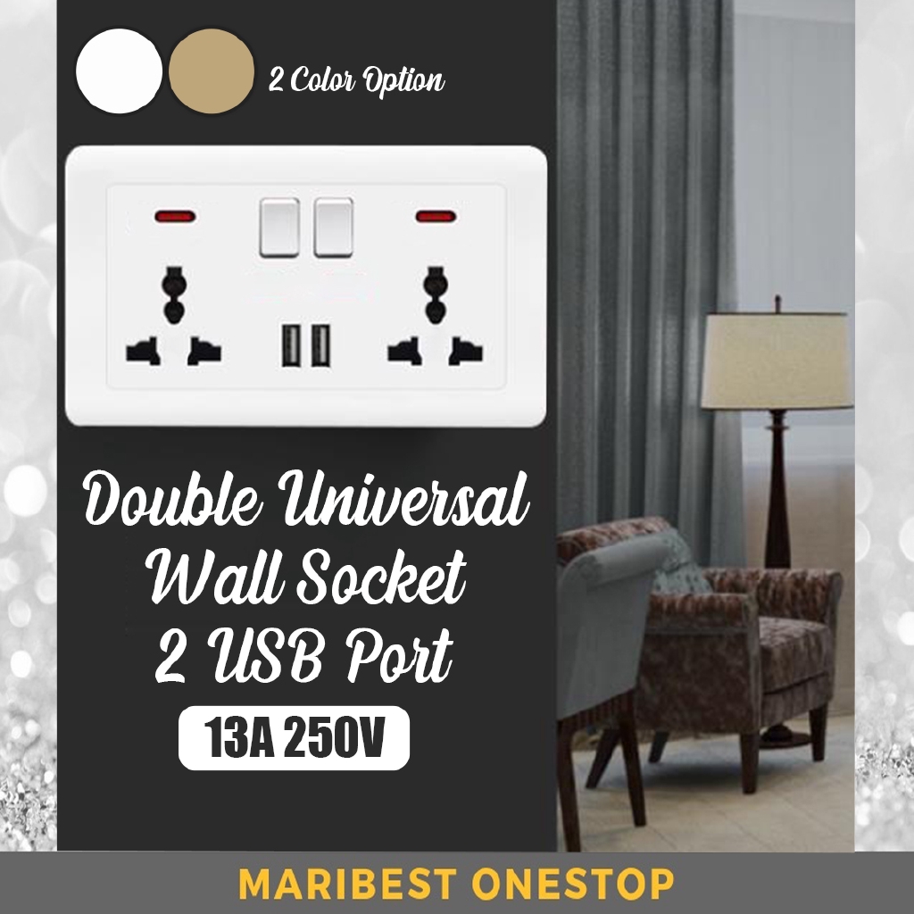 2 Gang Universal 3 PIN Double Wall Socket Switch 13A Dual USB Port AC ...