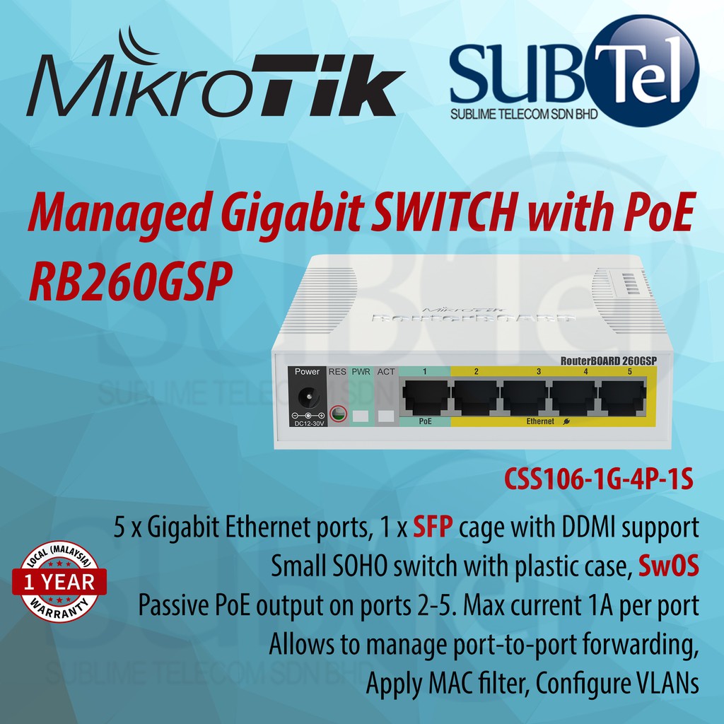 RB260GSP Mikrotik Gigabit Managed PoE Switch with SFP 6 port aka CSS106 ...