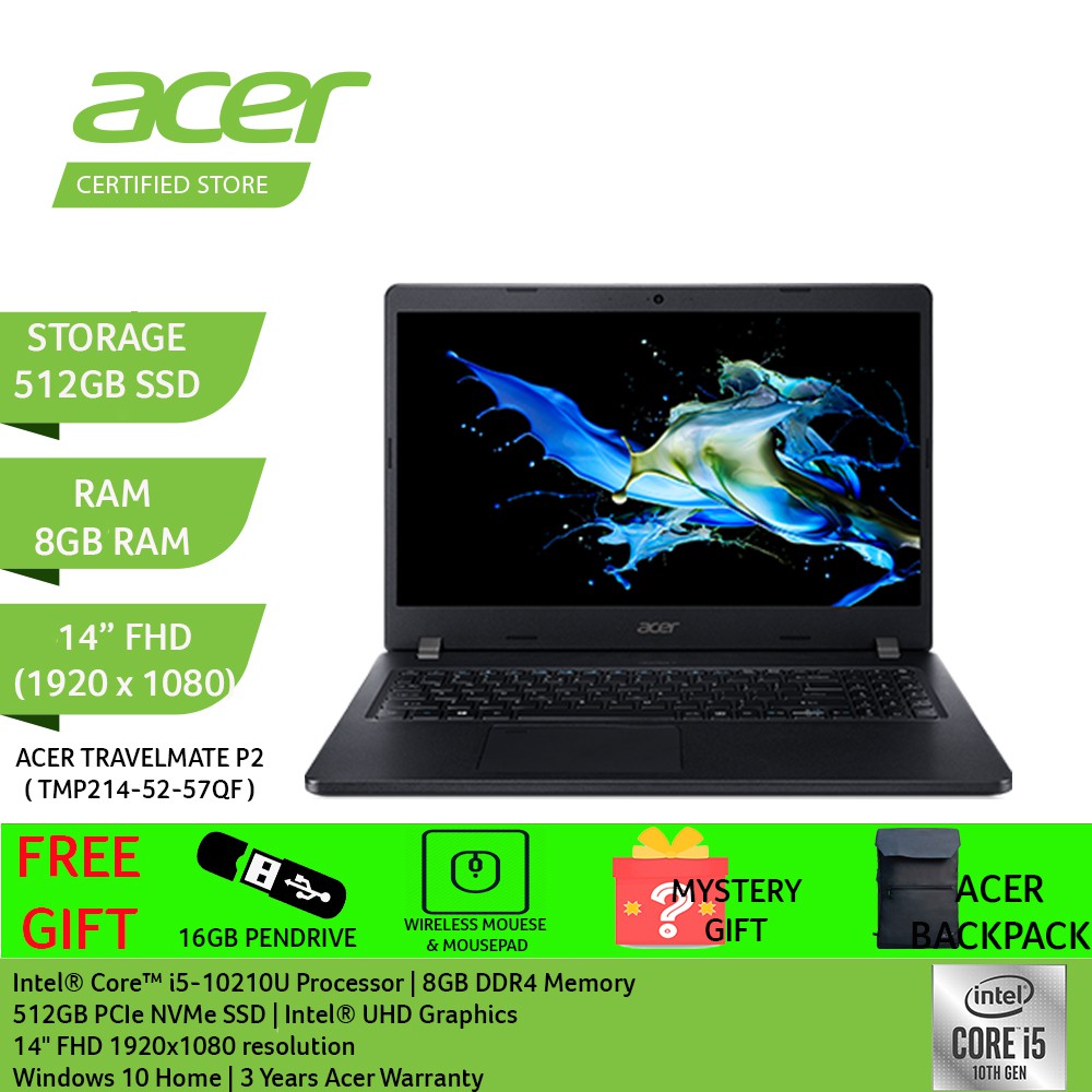 Acer Travelmate P2 - Black (I5-10210/8GD4/512SSD/Win10H) TMP214-52-57QF ...