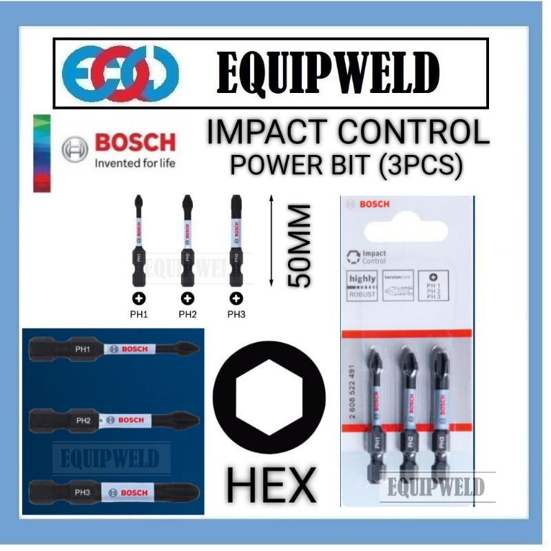 BOSCH IMPACT CONTROL POWER BIT (3PCS) 50MM PH1 PH2 PH3 HEXAGON HEX HEAD ...