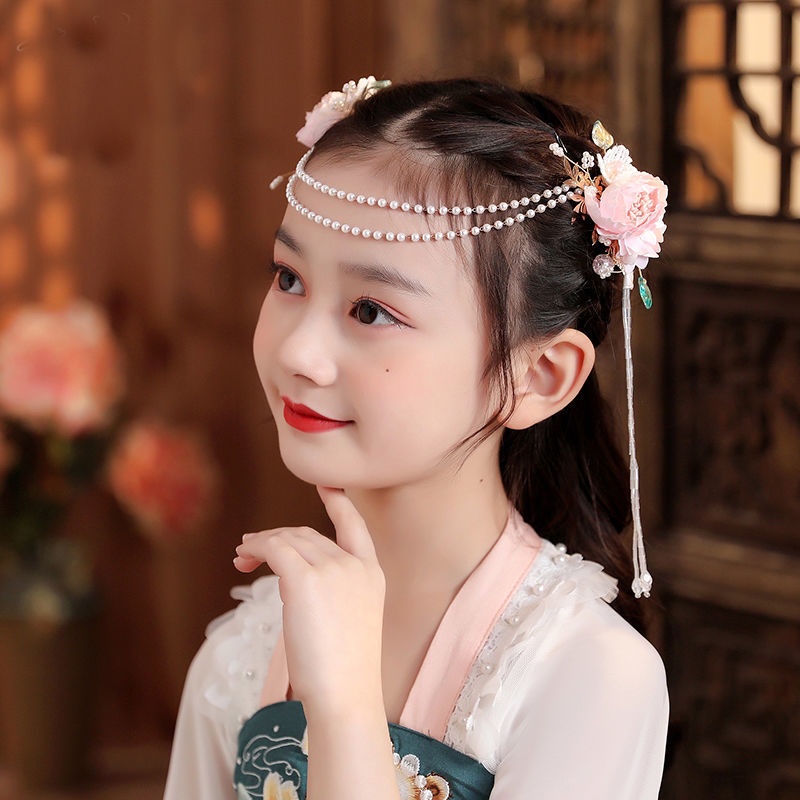 Hanfu tire> ancientry hair pearl chain of frontal fl Headdress Children ...