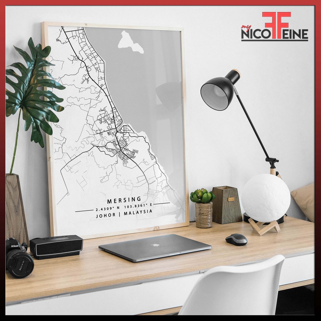 [Poster Only] Mersing Johor Minimal City Map Art Black Grey and White ...